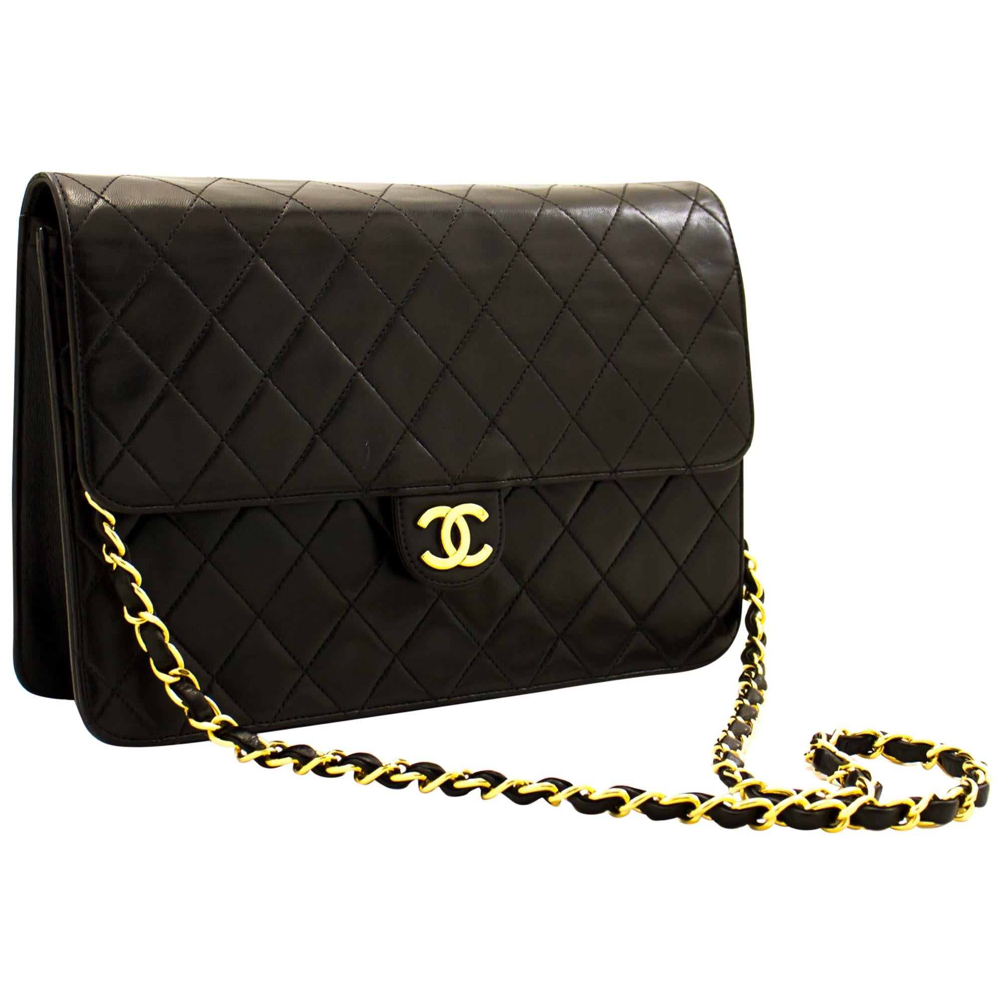 CHANEL Chain Shoulder Bag Black Clutch Flap Quilted Purse Lambskin For ...