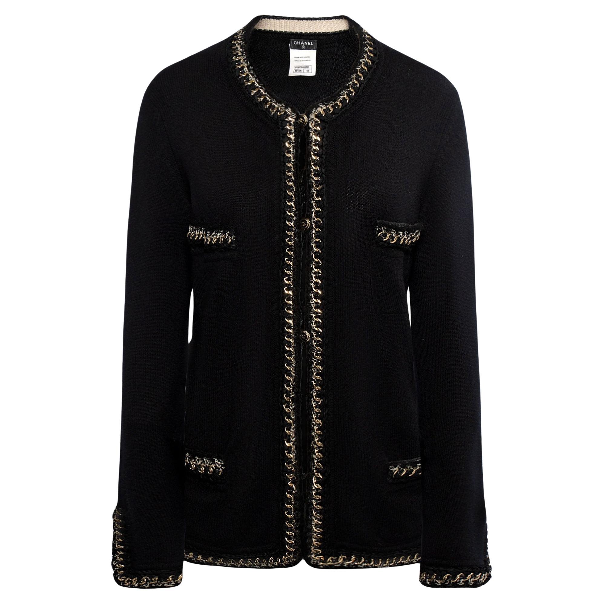 Chanel Chain Trim Black Cashmere Caridgan For Sale at 1stDibs
