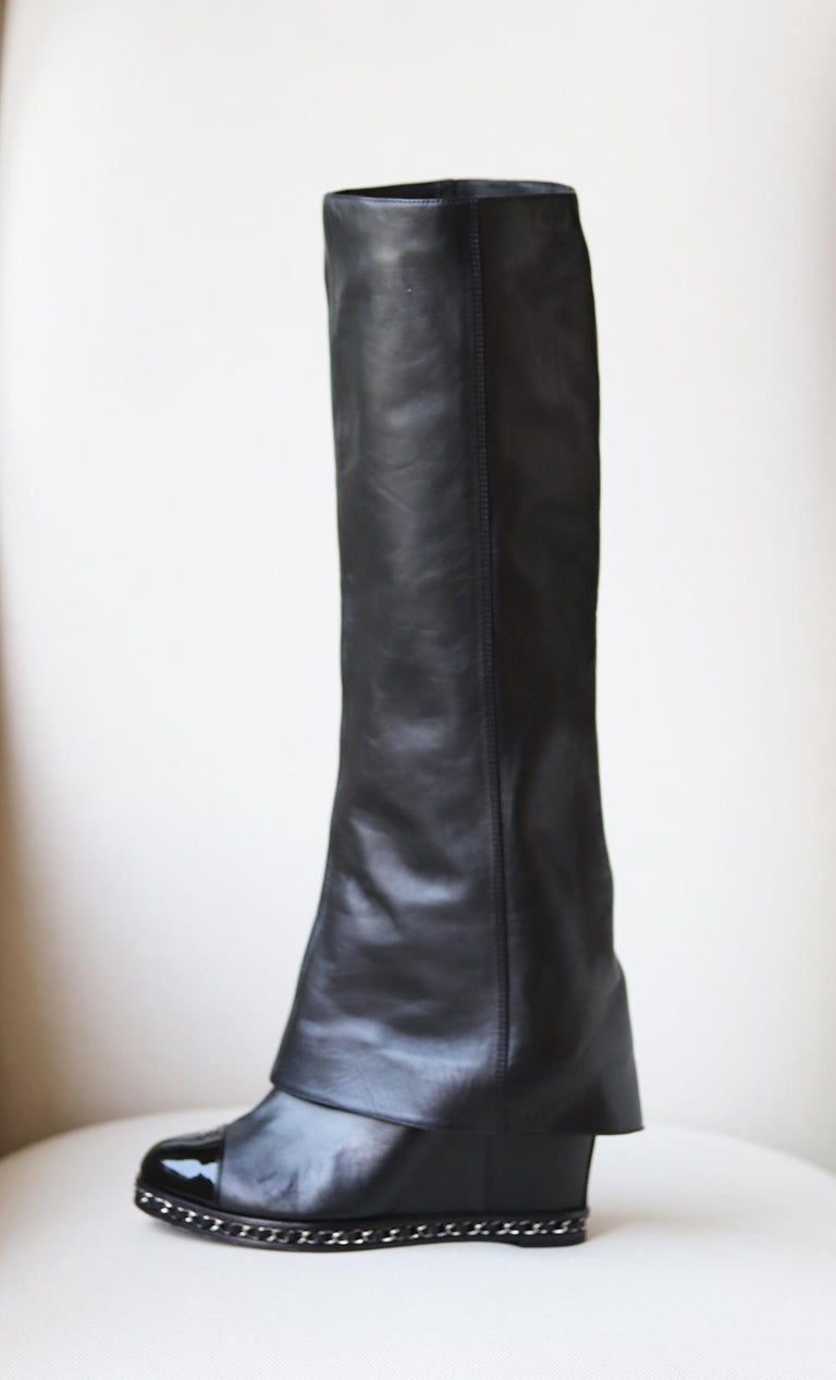 Chanel Chain-Trimmed Wedge Leather Knee Boots at 1stDibs