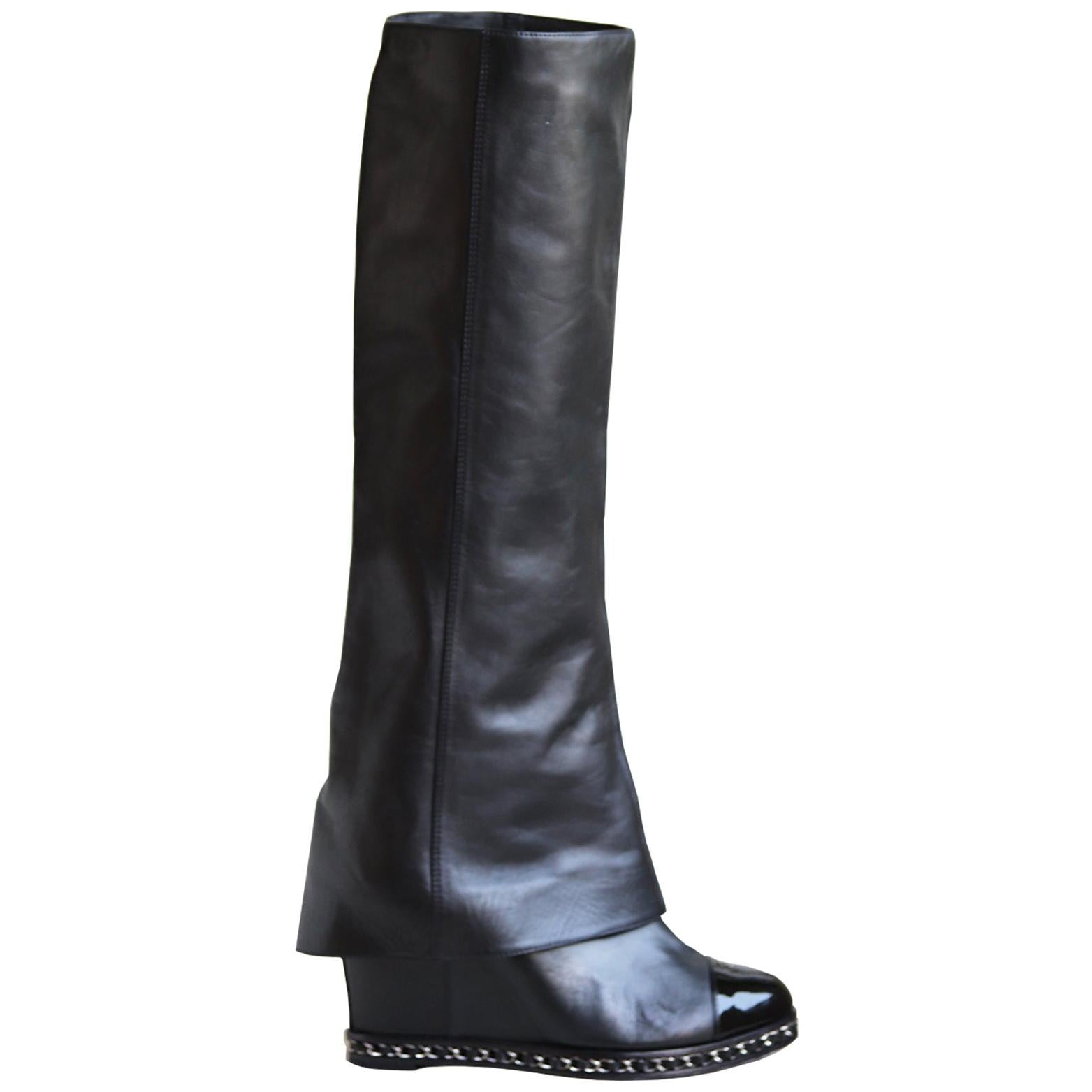 Chanel Chain-Trimmed Wedge Leather Knee Boots at 1stDibs