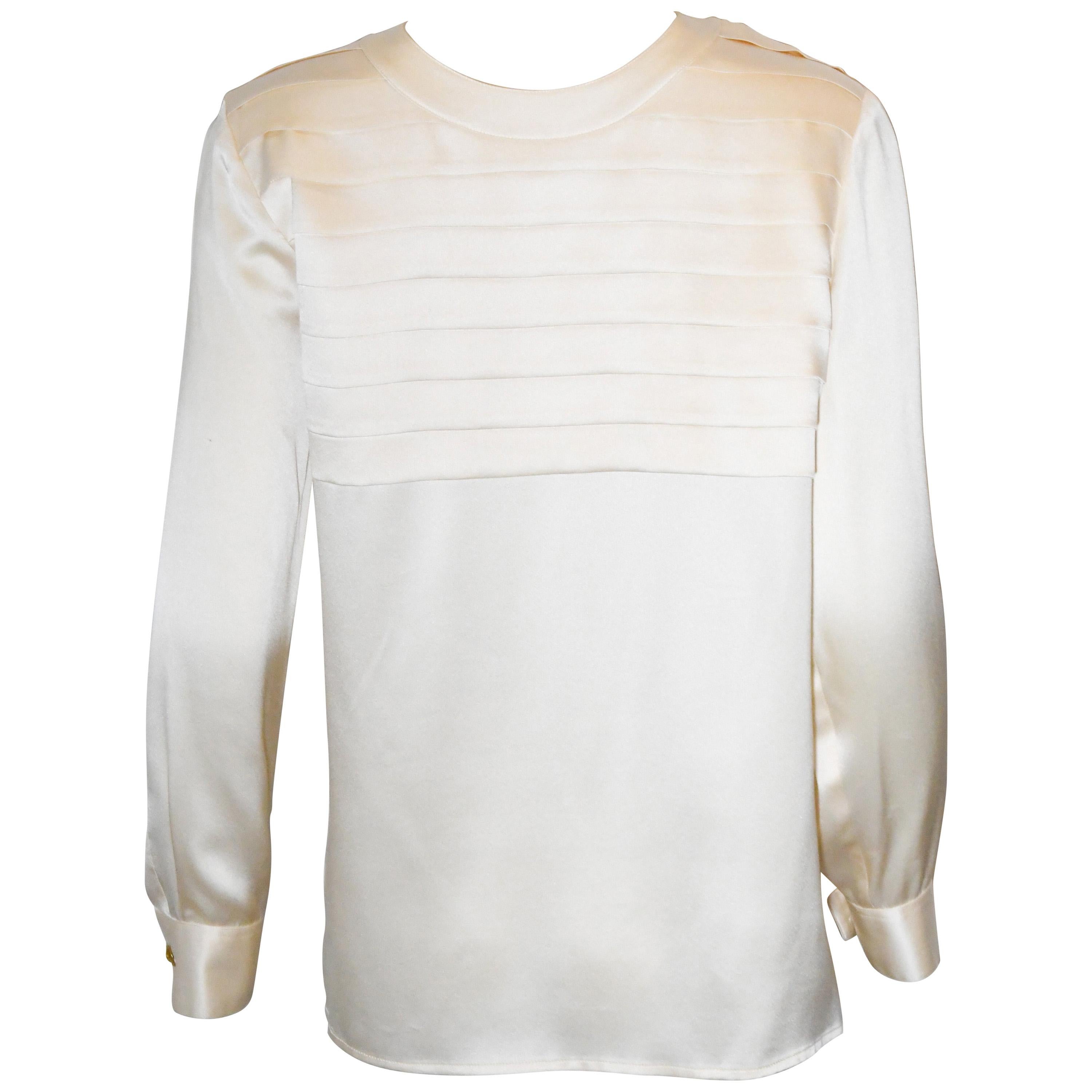 Chanel Champagne Silk Satin Long Sleeve Blouse With Pleated Bib Front ...