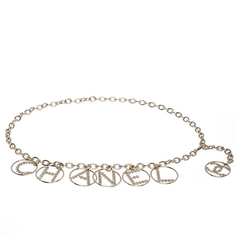 Chanel Crystal Gold Tone Chain Link Charm Belt For Sale at 1stDibs