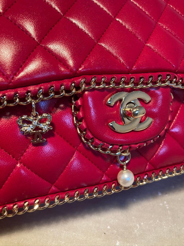 Chanel Cherry Red Chain Trim Charm 2.55 Double Flap Classic For Sale at ...