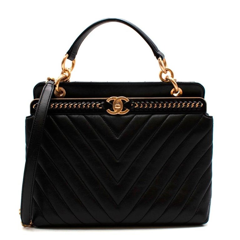 Chanel Chevron Lambskin Black Stitched Chain Top Handle Bag at 1stDibs