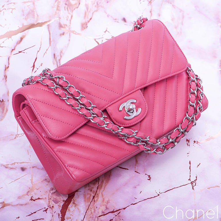 Chanel Chevron Pink Double Flap Handbag at 1stDibs | pink chanel purse