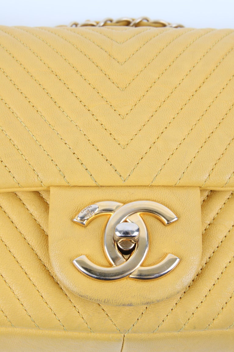 Chanel Chevron Quilted Rectangular Flap Bag - yellow at 1stDibs
