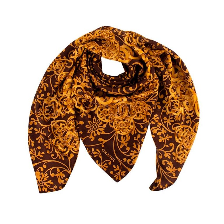 Chanel Chocolate Brown Floral Gold-Tone Chain Print Silk Square Scarf ...
