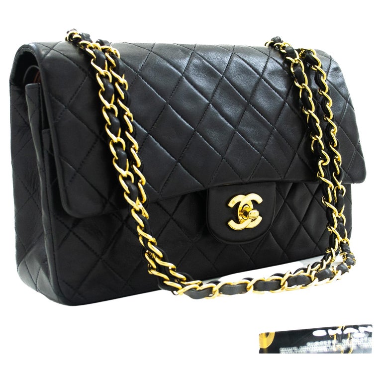 CHANEL Classic Double Flap 10" Chain Handbag Lambskin Black For Sale at ...
