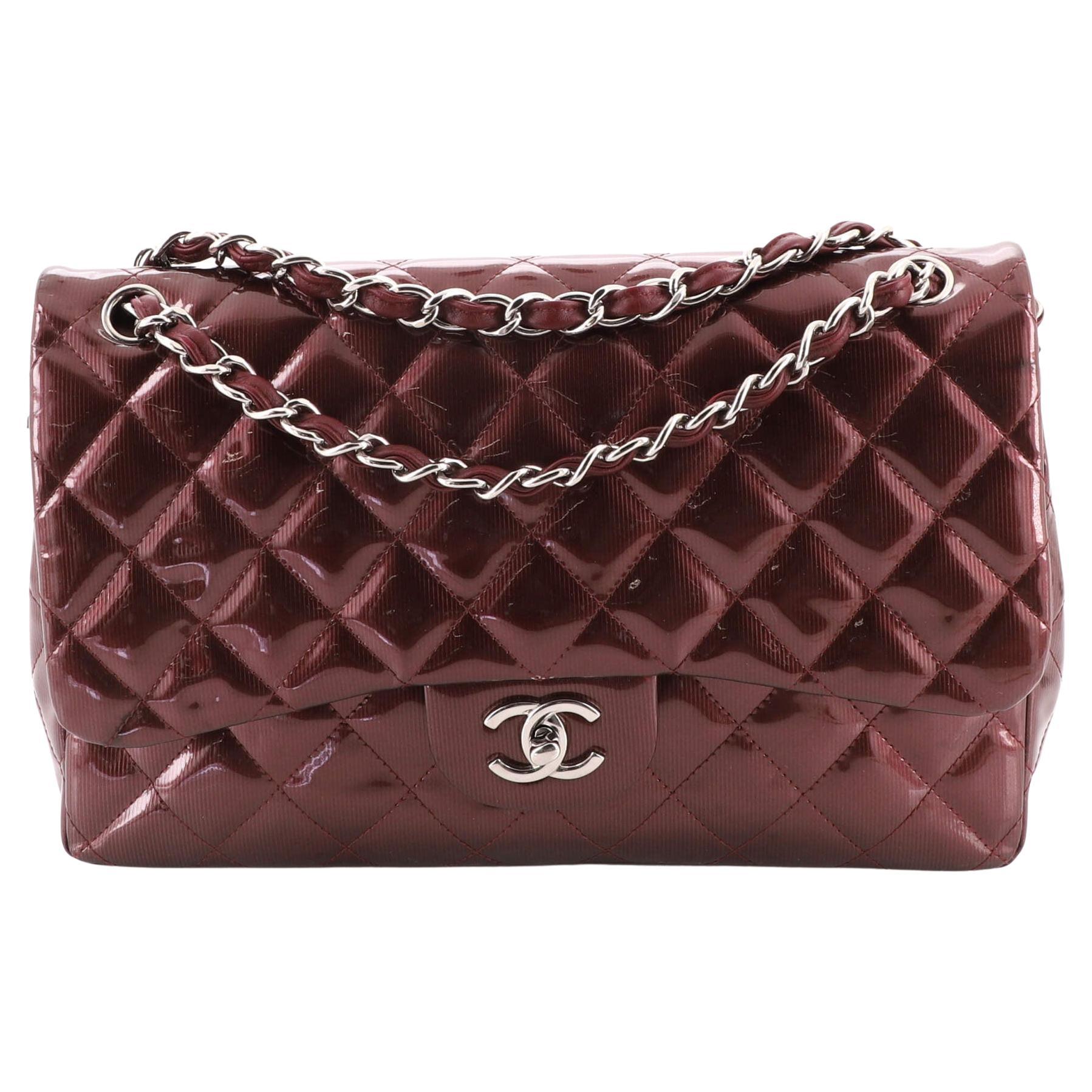 Chanel Classic Double Flap Bag Quilted Striated Metallic Patent Jumbo ...