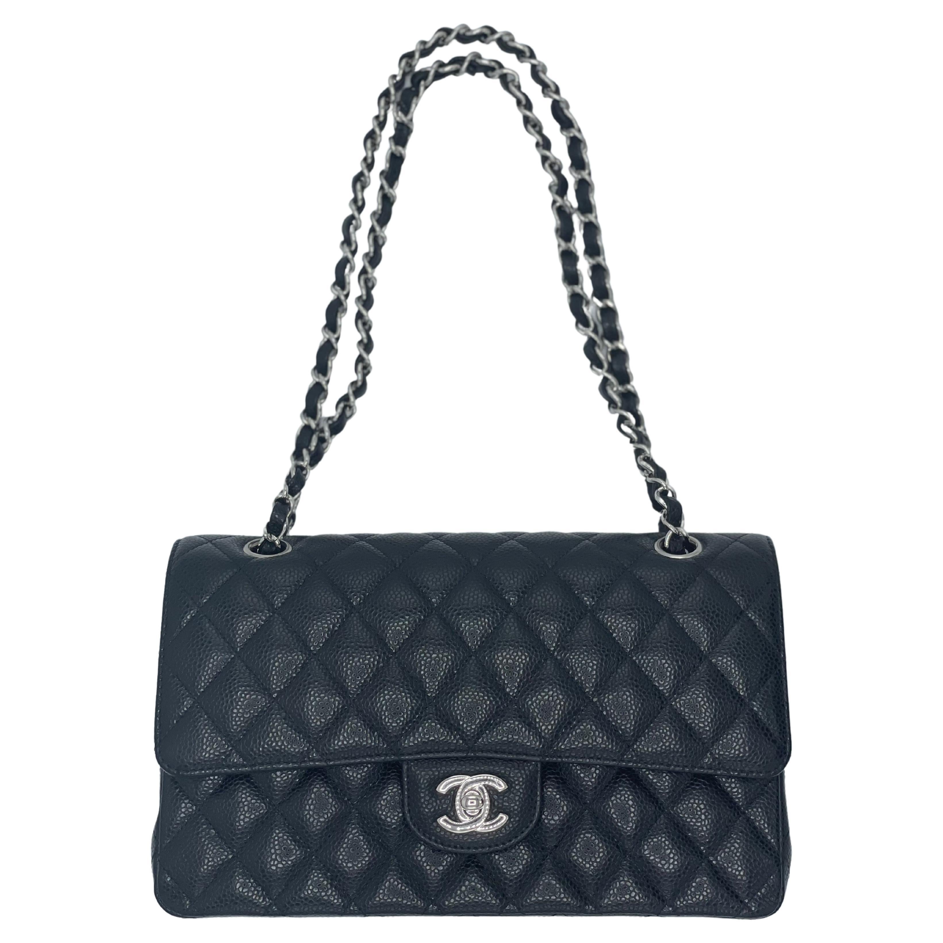 Chanel Classic Double Flap Black Silver Caviar Leather at 1stDibs