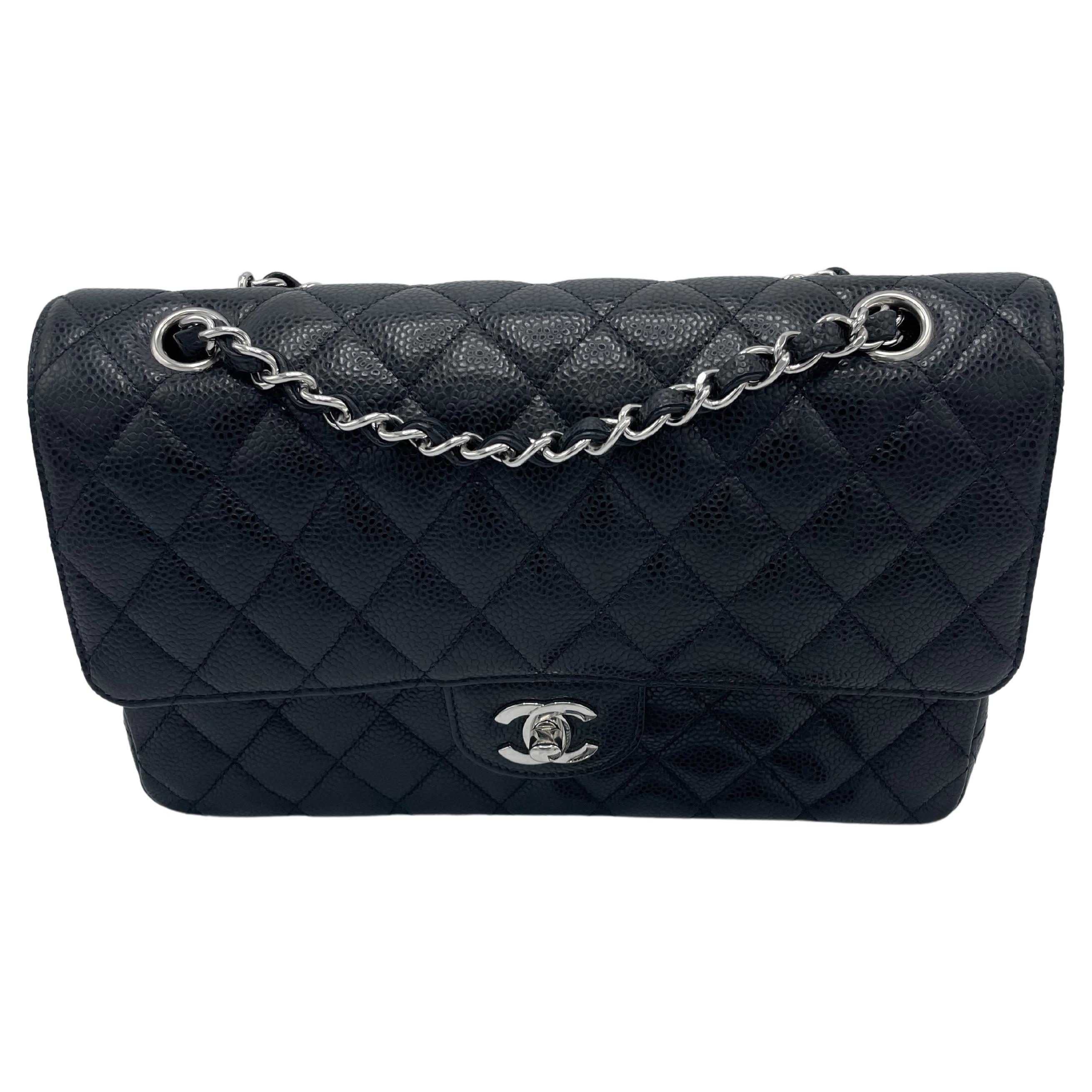 Chanel Classic Double Flap Black Silver Caviar Leather at 1stDibs
