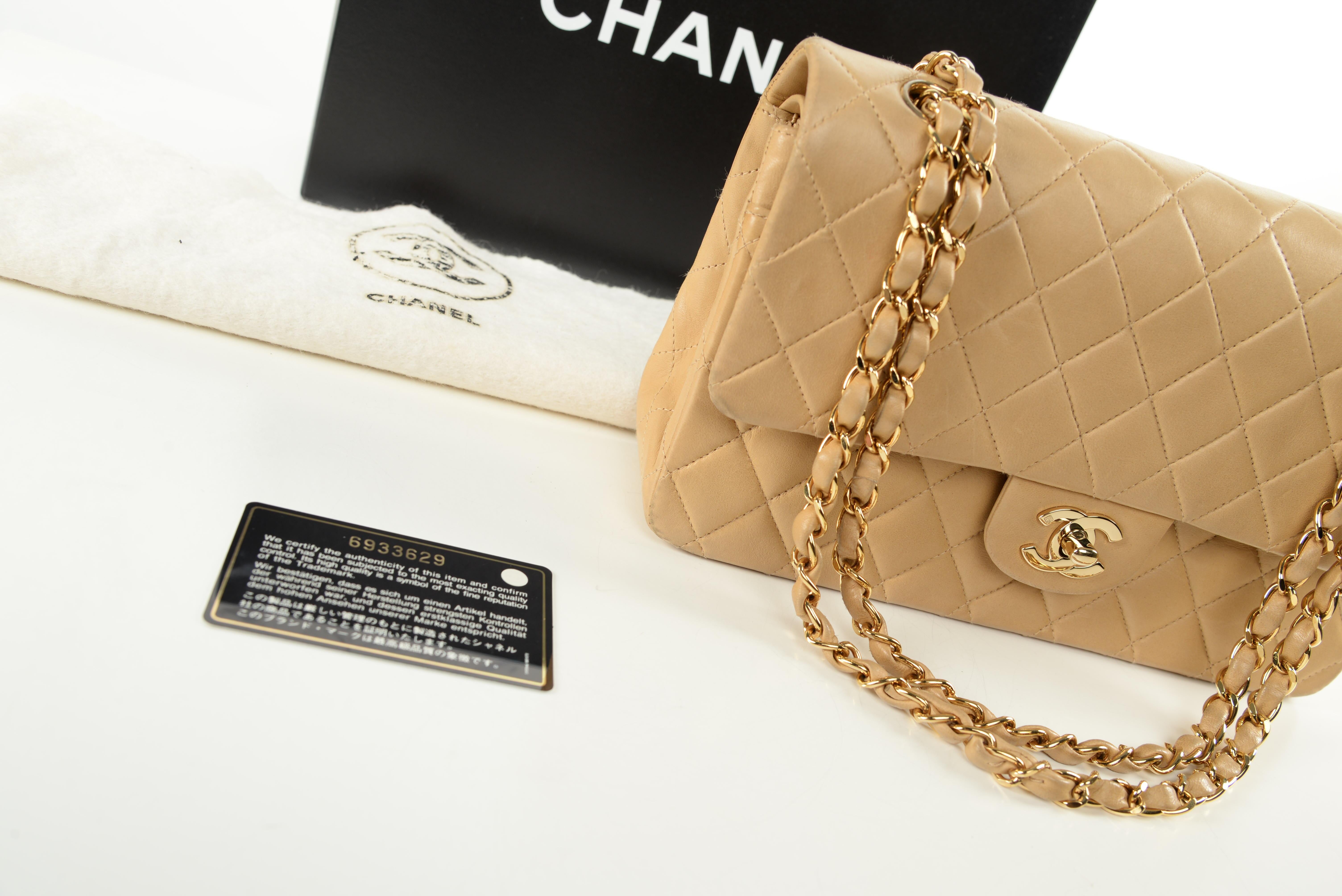 Chanel Classic Double Flap Medium Lambskin RARE Beige Gold Hardware at ...