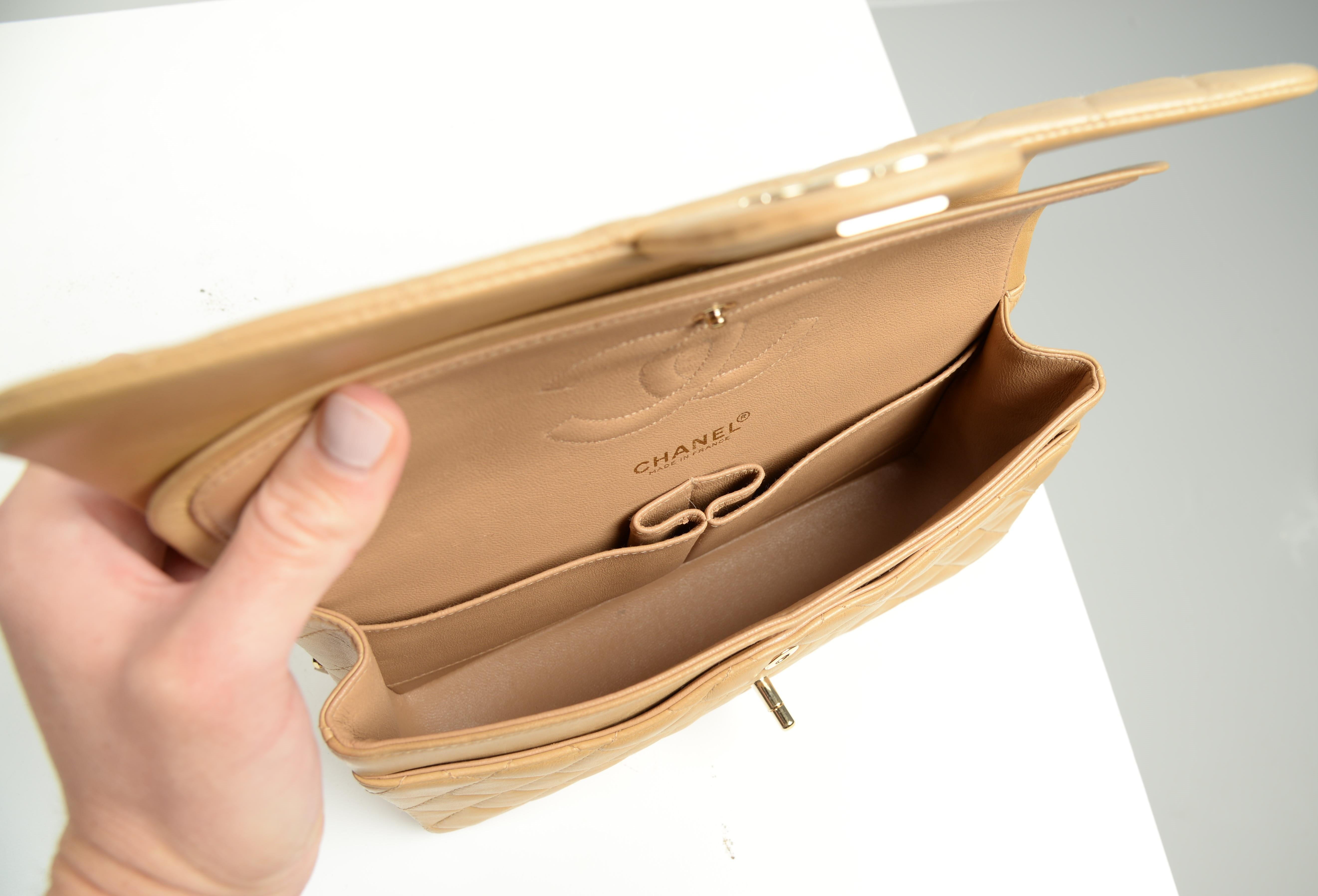 Chanel Classic Double Flap Medium Lambskin RARE Beige Gold Hardware at ...