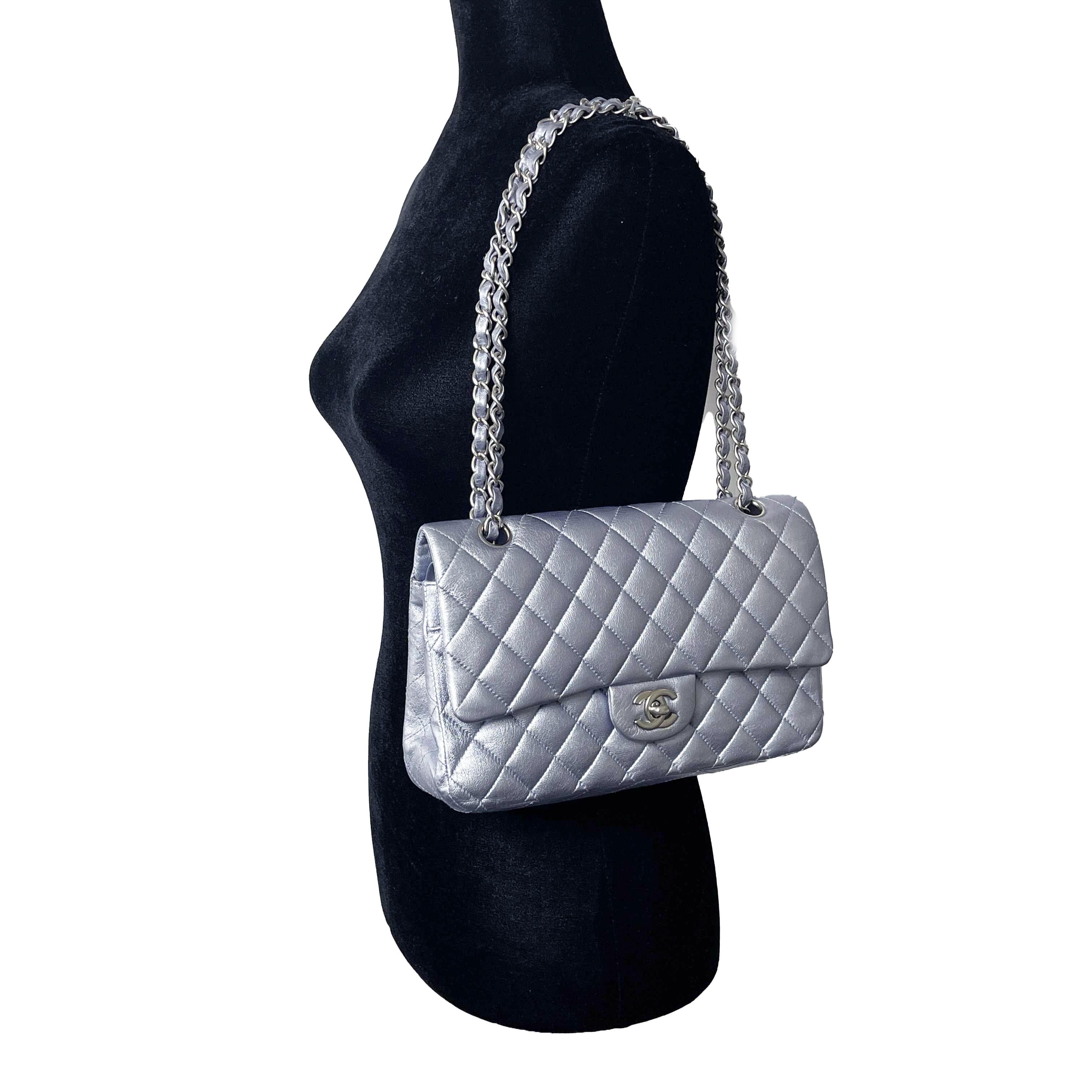 CHANEL - Classic Double Flap Metallic Silver CC Medium Leather Shoulder ...