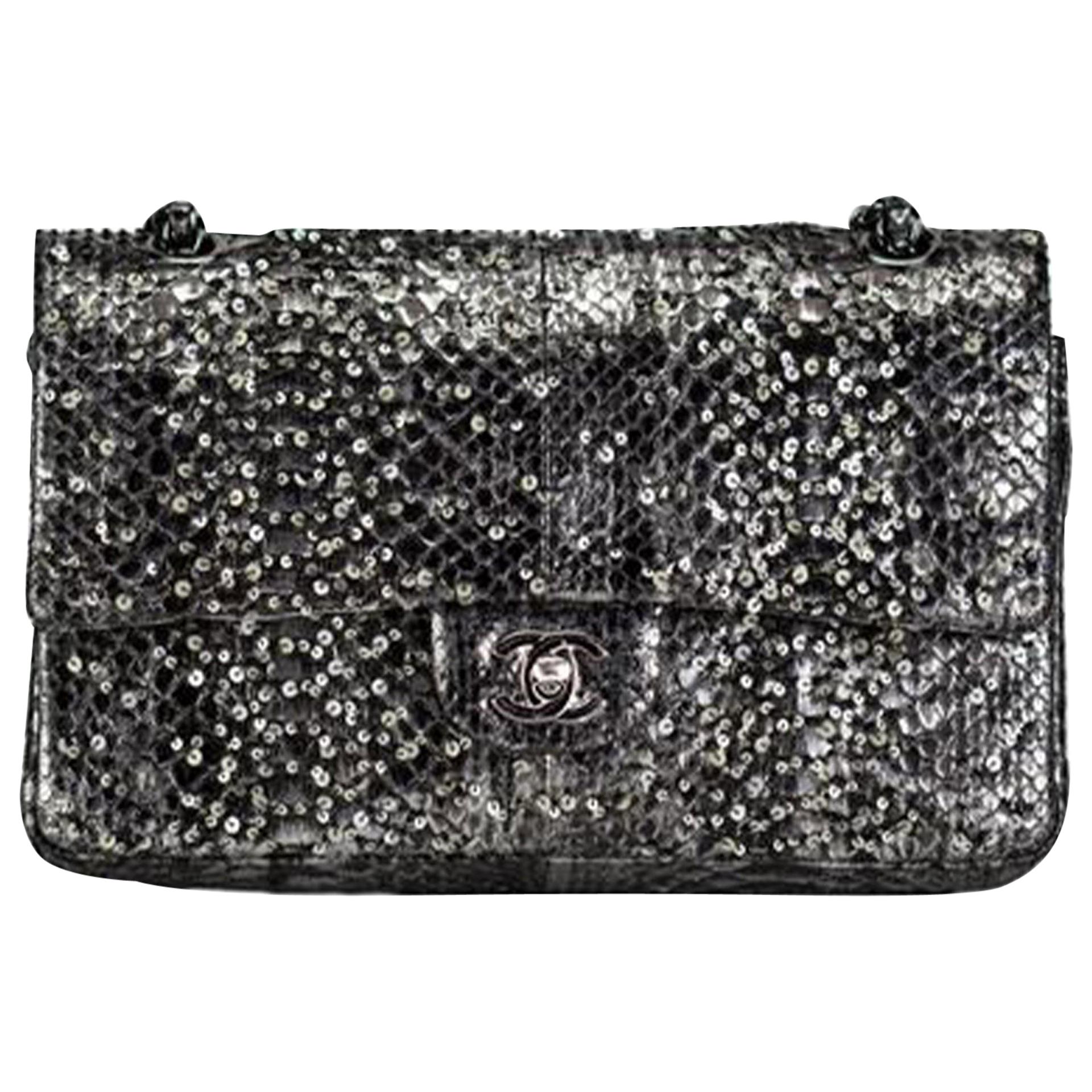 Chanel Classic Flap Exotic Limited Edition Metallic Grey Python ...