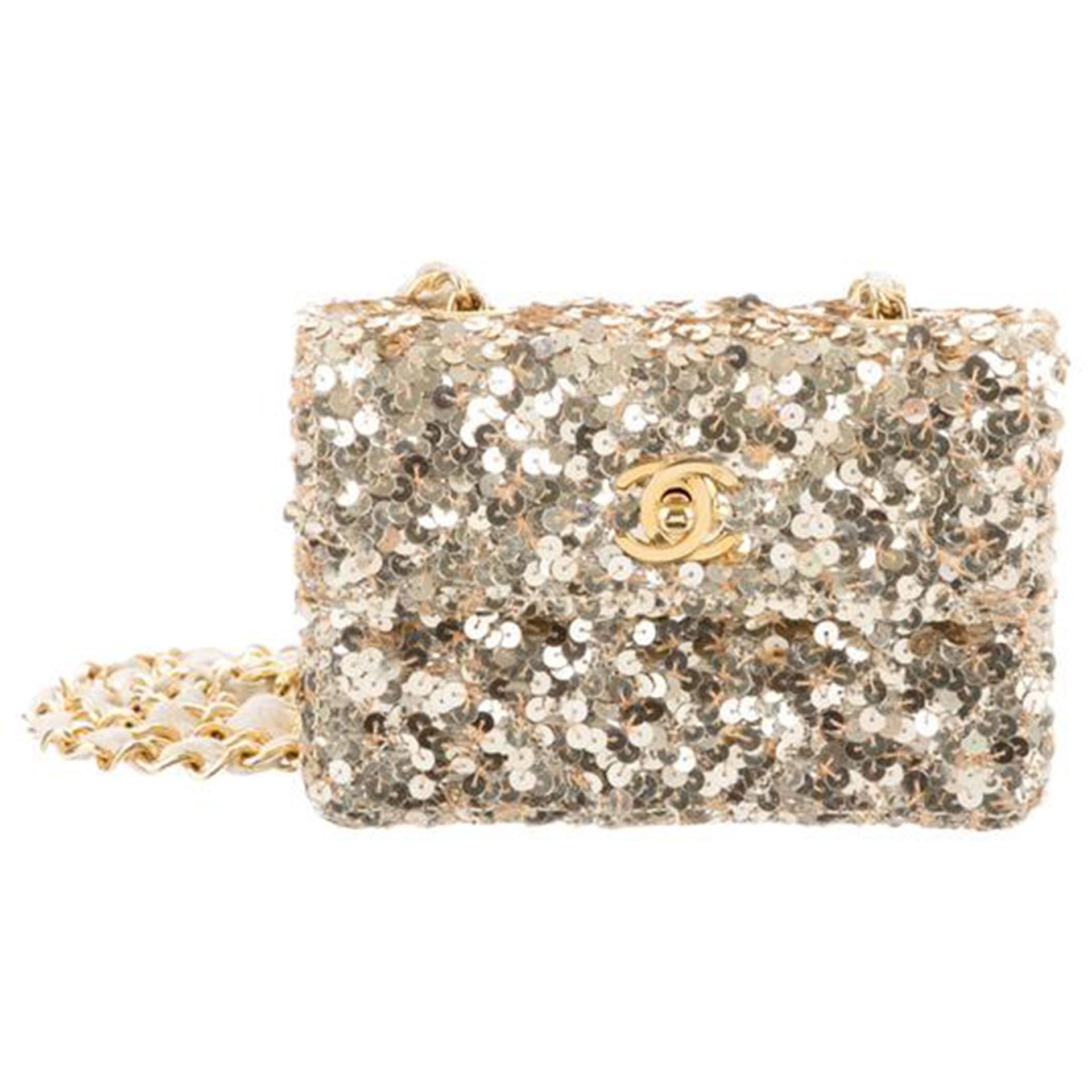 Chanel Classic Flap Rare Micro Mini Vintage Gold Sequin and Microfiber ...