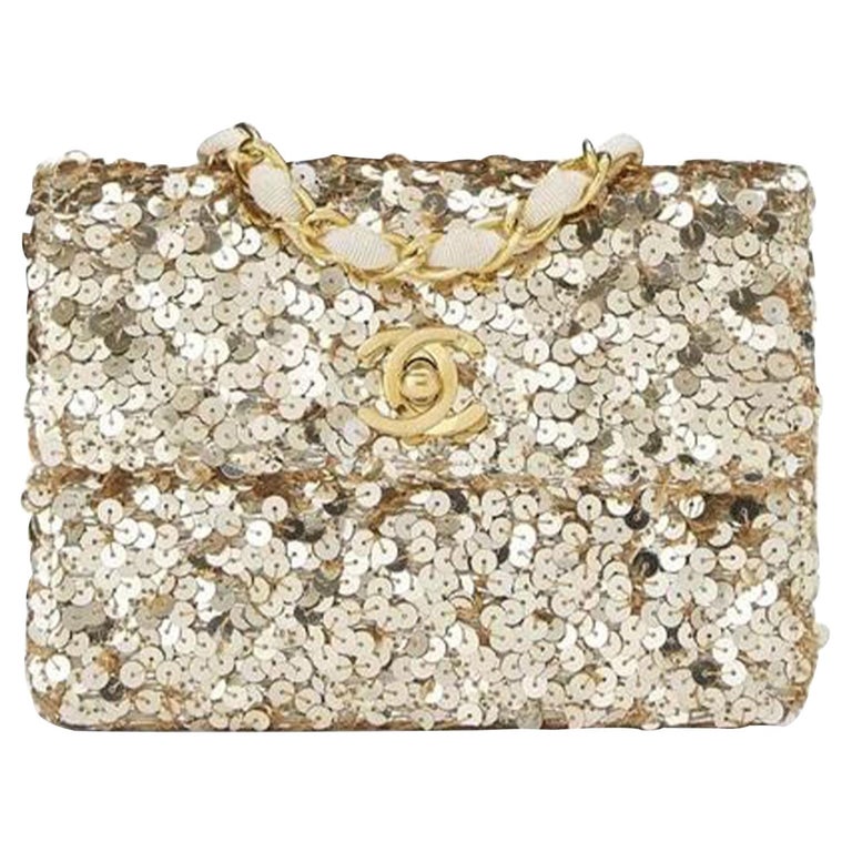 Chanel Classic Flap Rare Micro Mini Vintage Gold Sequin and Microfiber ...