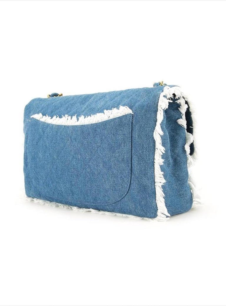 Chanel Classic Flap Vintage Fringe Quilted Jumbo Maxi Jean Blue Denim ...