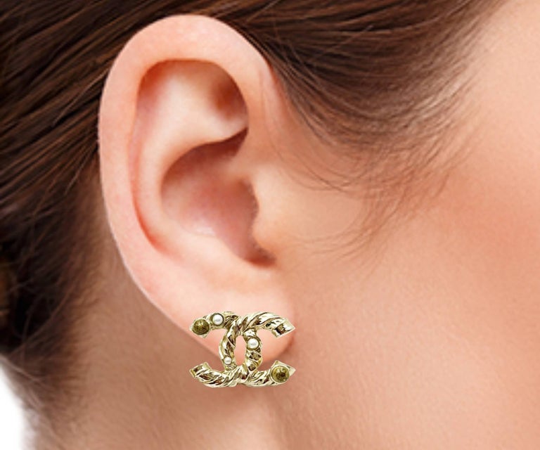 Chanel Classic Gold Twisted CC Pearl Stone Piercing Earrings For Sale ...