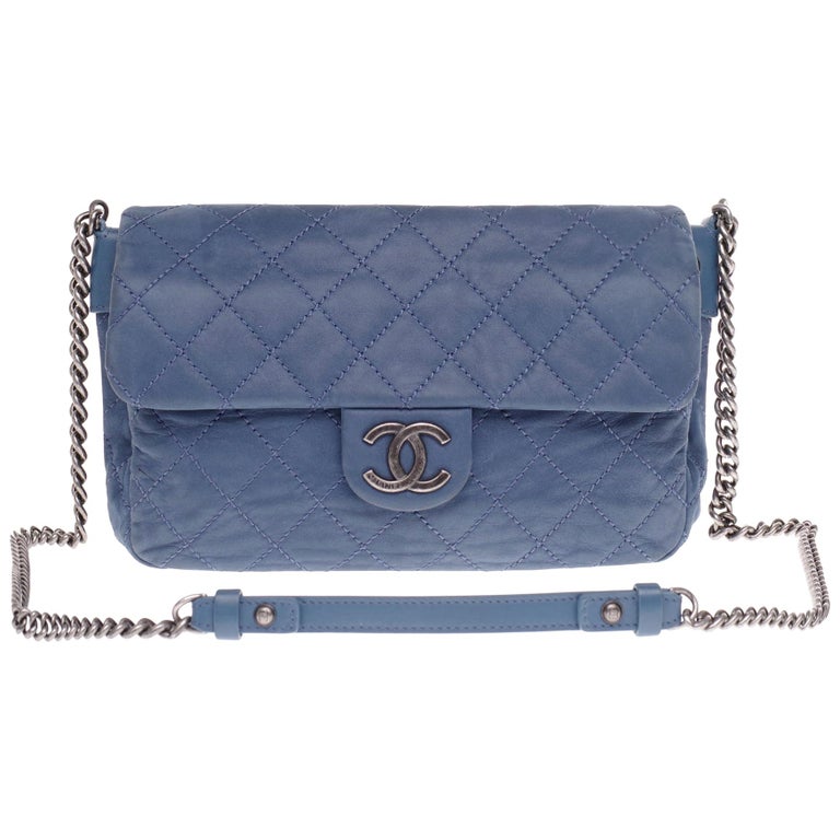 Chanel Classic shoulder bag in blue quilted leather and silver hardware ...