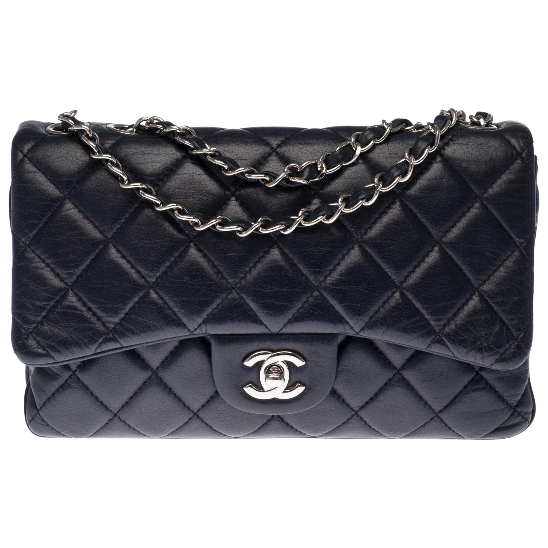Chanel Classic Shoulder bag in navy blue quilted leather and silver ...