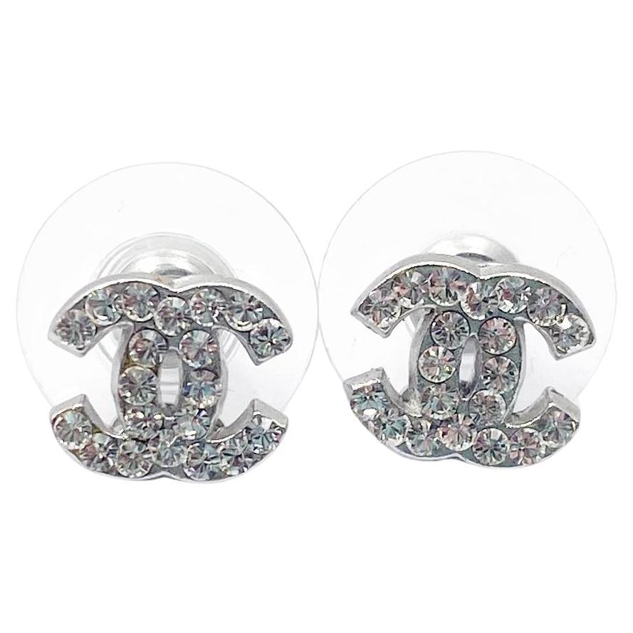 Chanel Classic Silver CC Crystal Small Piercing Earrings For Sale at ...