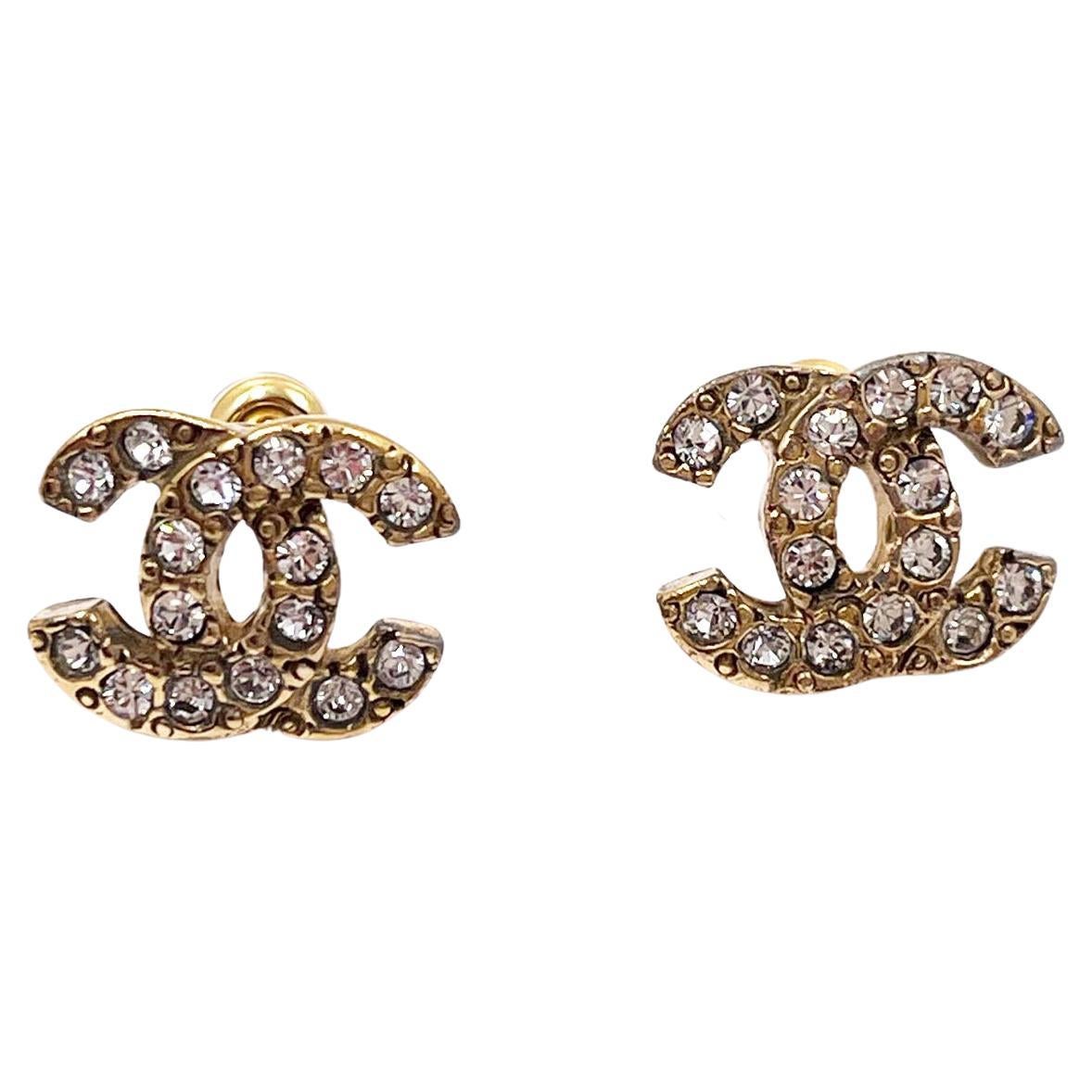 Chanel Classic Silver CC Crystal Solid Small Piercing Earrings For Sale ...