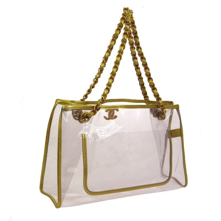 Chanel Clear Gold Leather Trim Large Carryall Shopper Shoulder Tote Bag ...