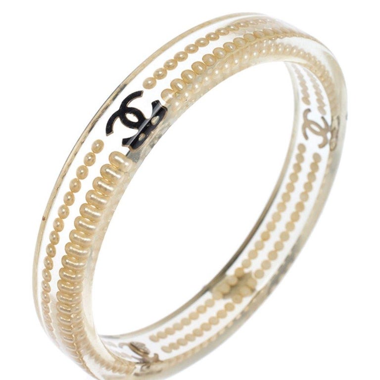 Chanel Clear Resin CC Logo and Pearl Lucite Bangle For Sale at 1stDibs