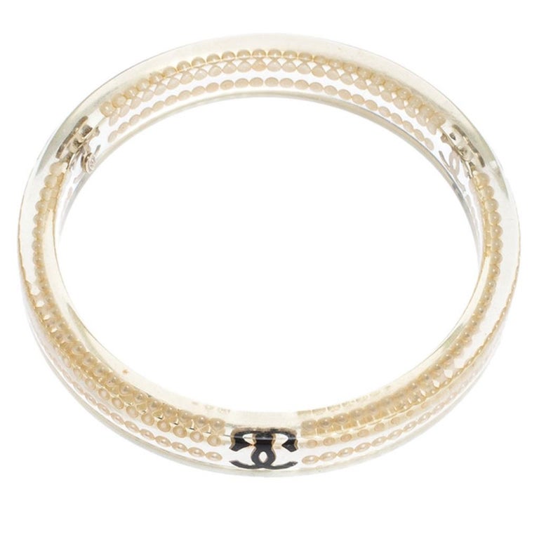 Chanel Clear Resin CC Logo and Pearl Lucite Bangle For Sale at 1stDibs