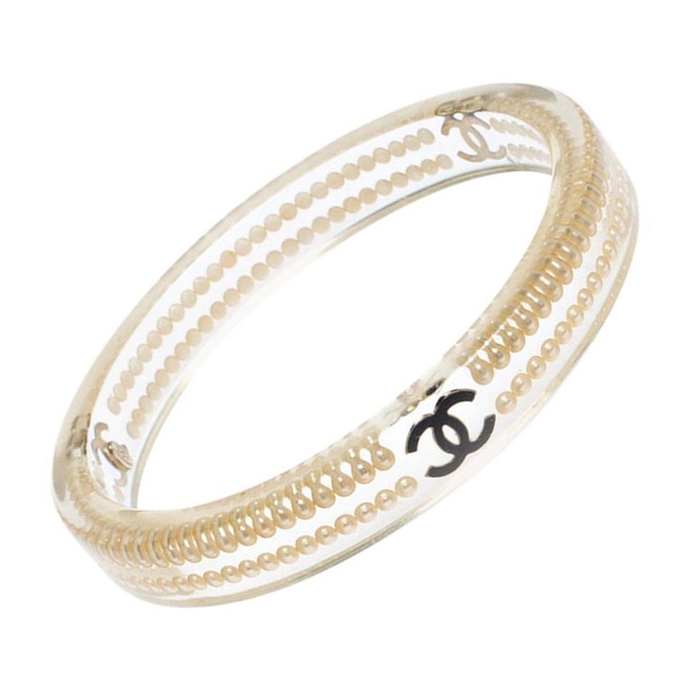 Chanel Clear Resin CC Logo and Pearl Lucite Bangle For Sale at 1stDibs