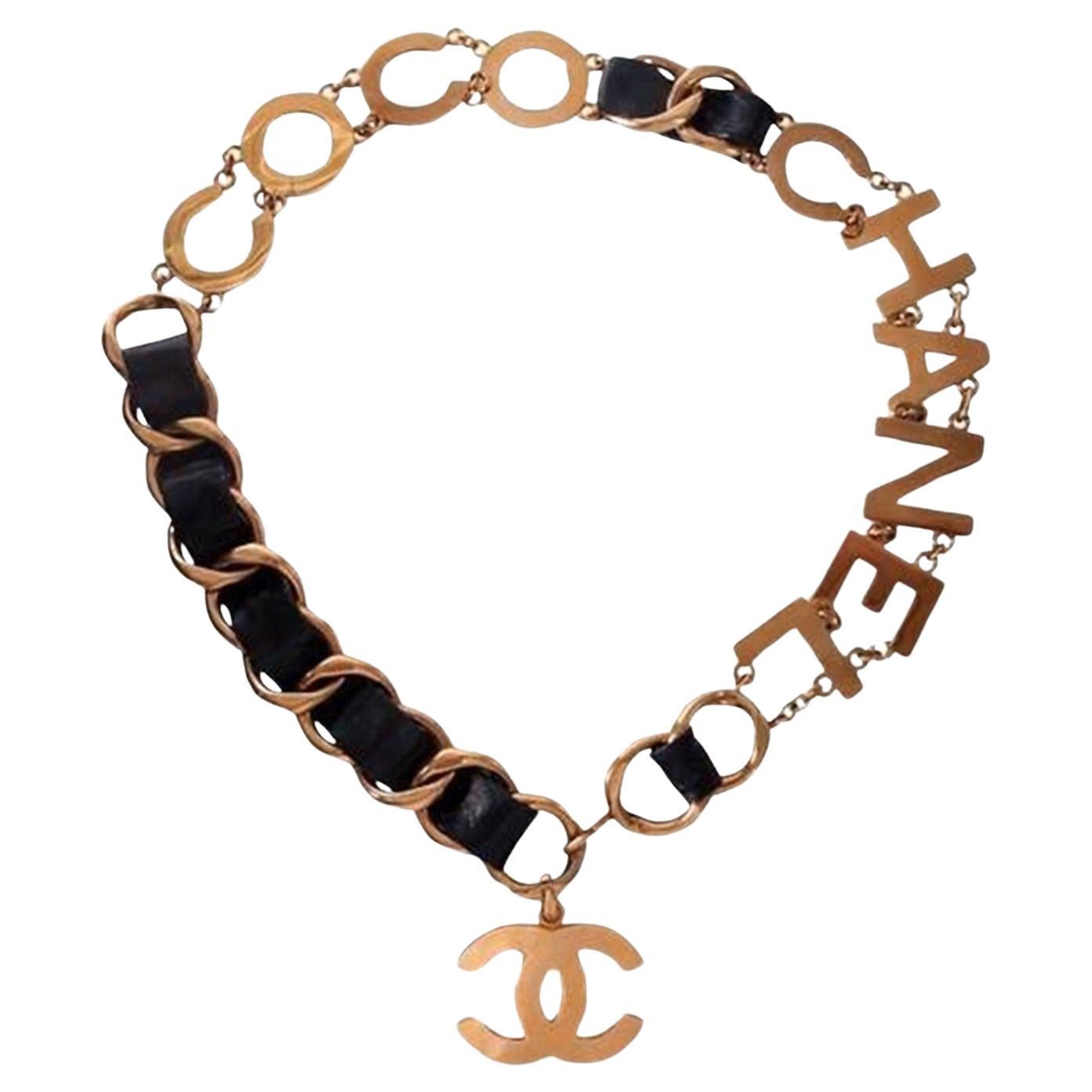 Chanel COCO CHANEL Gold Letters Belt Necklace For Sale at 1stDibs