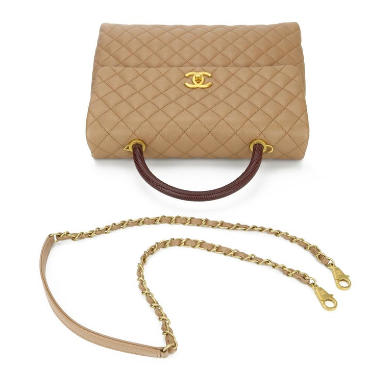 CHANEL Coco Handle Bag Large Caramel Caviar in Lizard Handle Gold ...