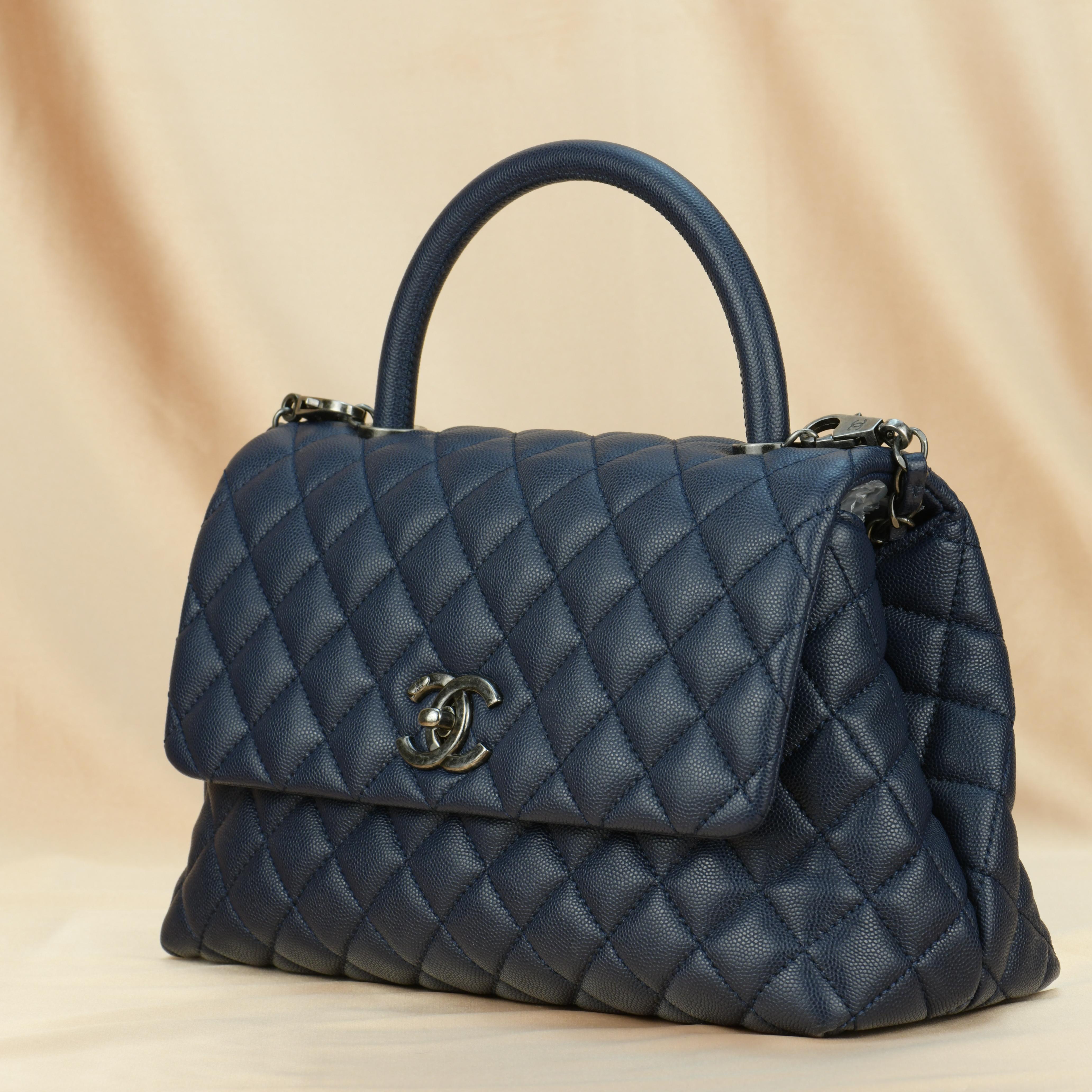Chanel Coco Handle Bag Large Navy Caviar with Ruthenium Hardware 2016 ...