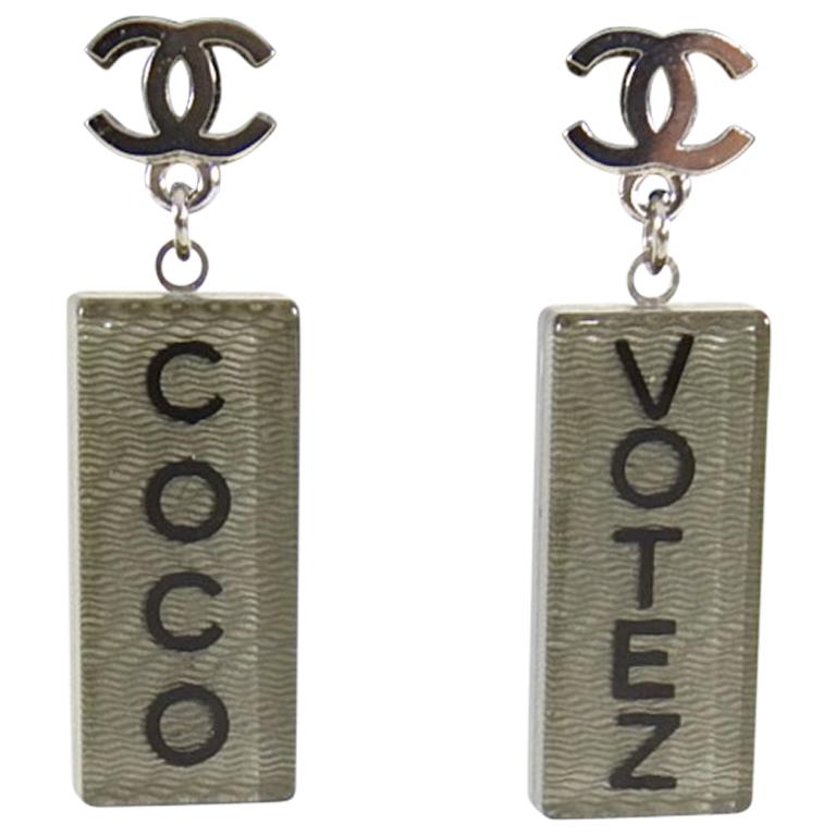 Chanel Coco Votez Grey Resin CC Logo Drop Earrings at 1stDibs