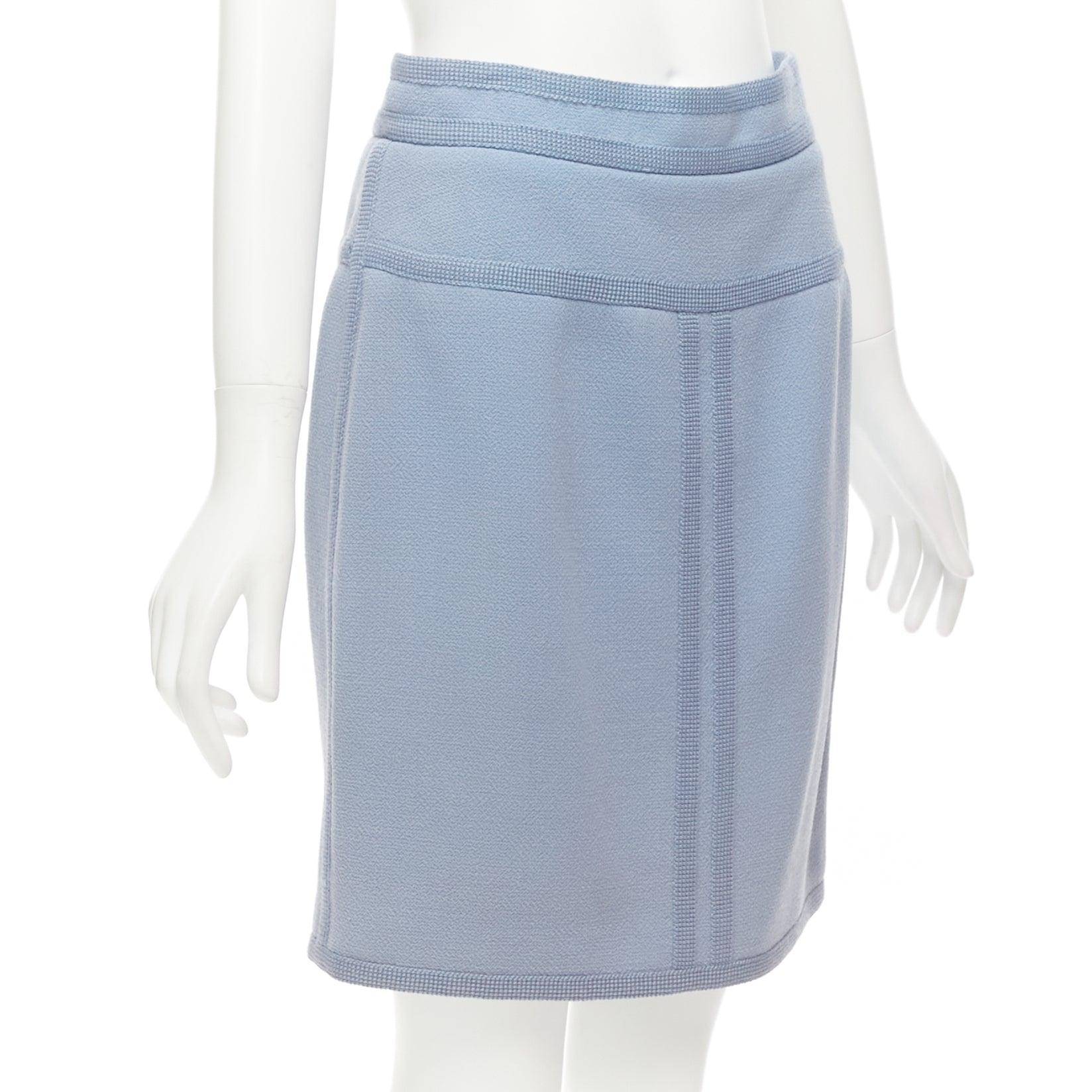 CHANEL Collection28 powder blue 100% wool silk lined trimmed mini skirt ...