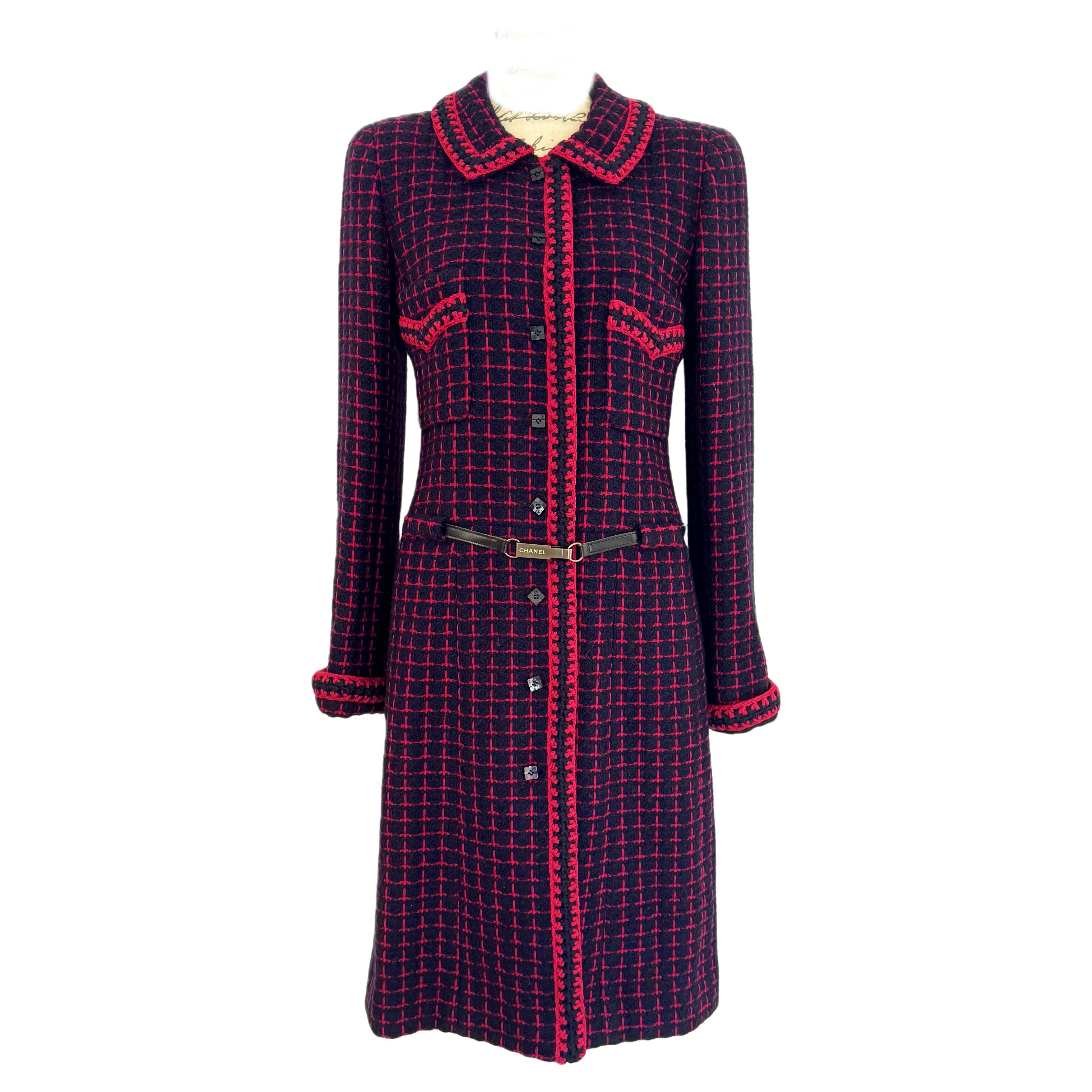 Chanel Collectors Logo Belted Tweed Coat For Sale at 1stDibs