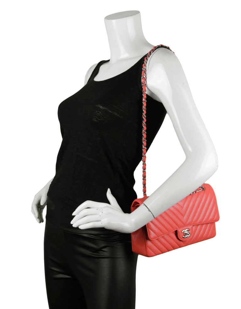 Chanel Coral Caviar Leather Chevron 10" Medium Double Flap Classic Bag ...