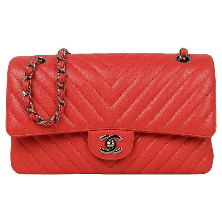 Chanel Coral Caviar Leather Chevron 10" Medium Double Flap Classic Bag ...
