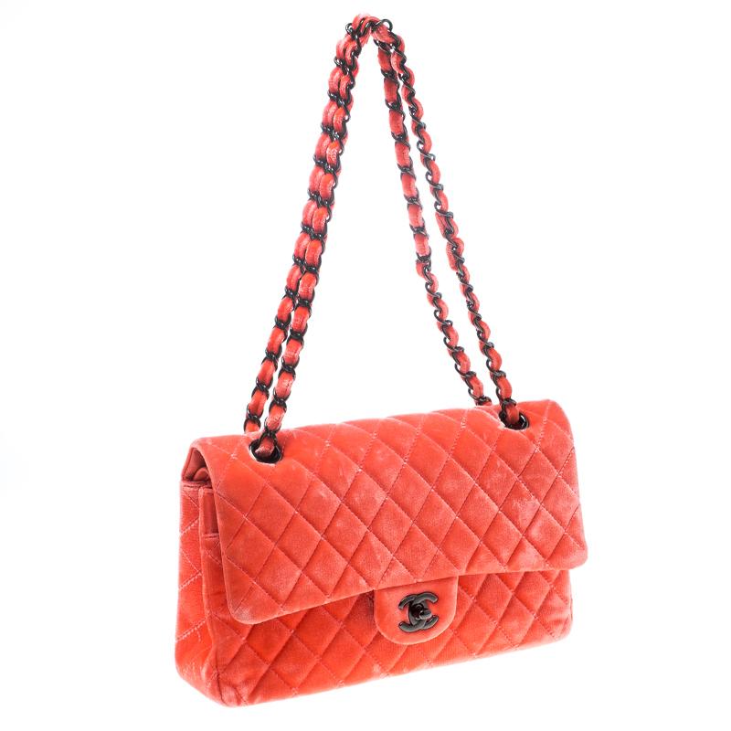 Chanel Coral Quilted Velvet Medium Classic Double Flap Bag at 1stDibs