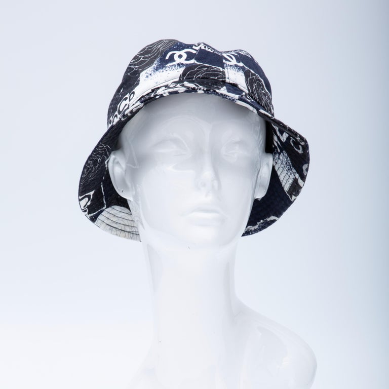 Chanel Cotton Coco Print Bucket Hat M Navy Black White For Sale at 1stDibs
