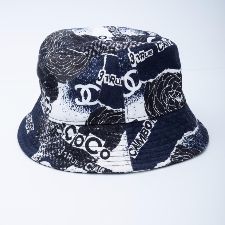 Chanel Cotton Coco Print Bucket Hat M Navy Black White For Sale at 1stDibs
