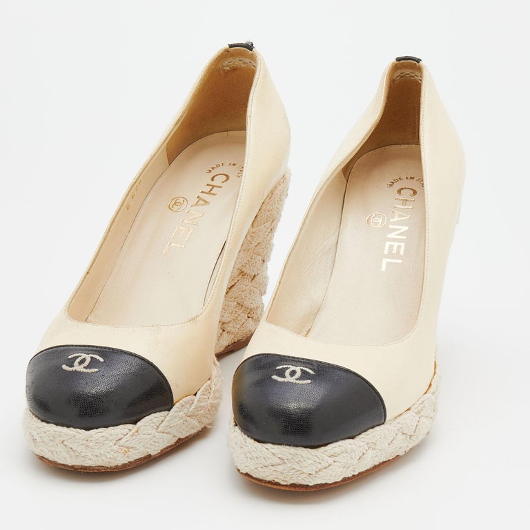 Chanel Cream/Black Leather CC Cap Toe Espadrille Platform Wedge Pumps ...