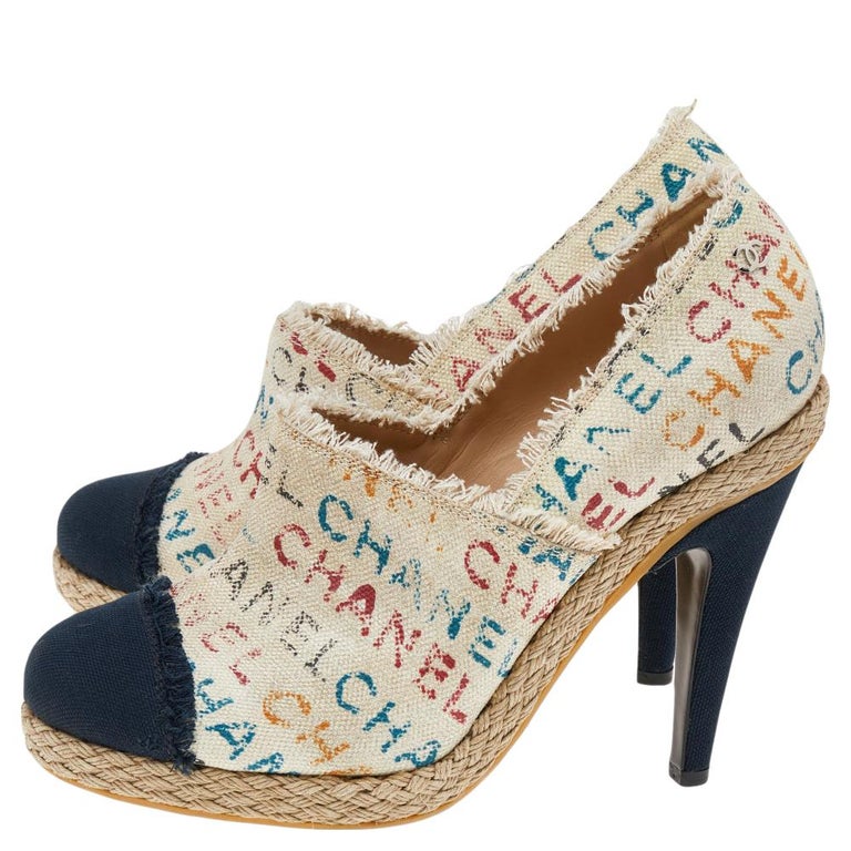 Chanel Cream/Black Logo Printed Canvas Espadrilles Clogs Size 41 at 1stDibs