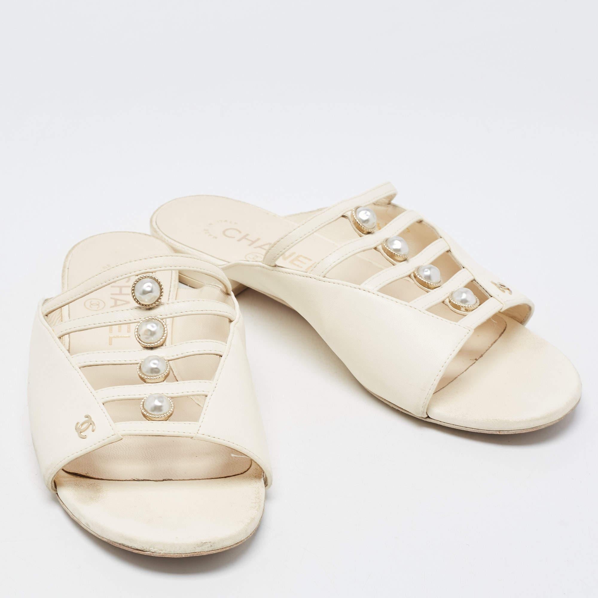 Chanel Cream Leather CC Faux Pearl Strappy Flat Slides Size 36.5 For ...