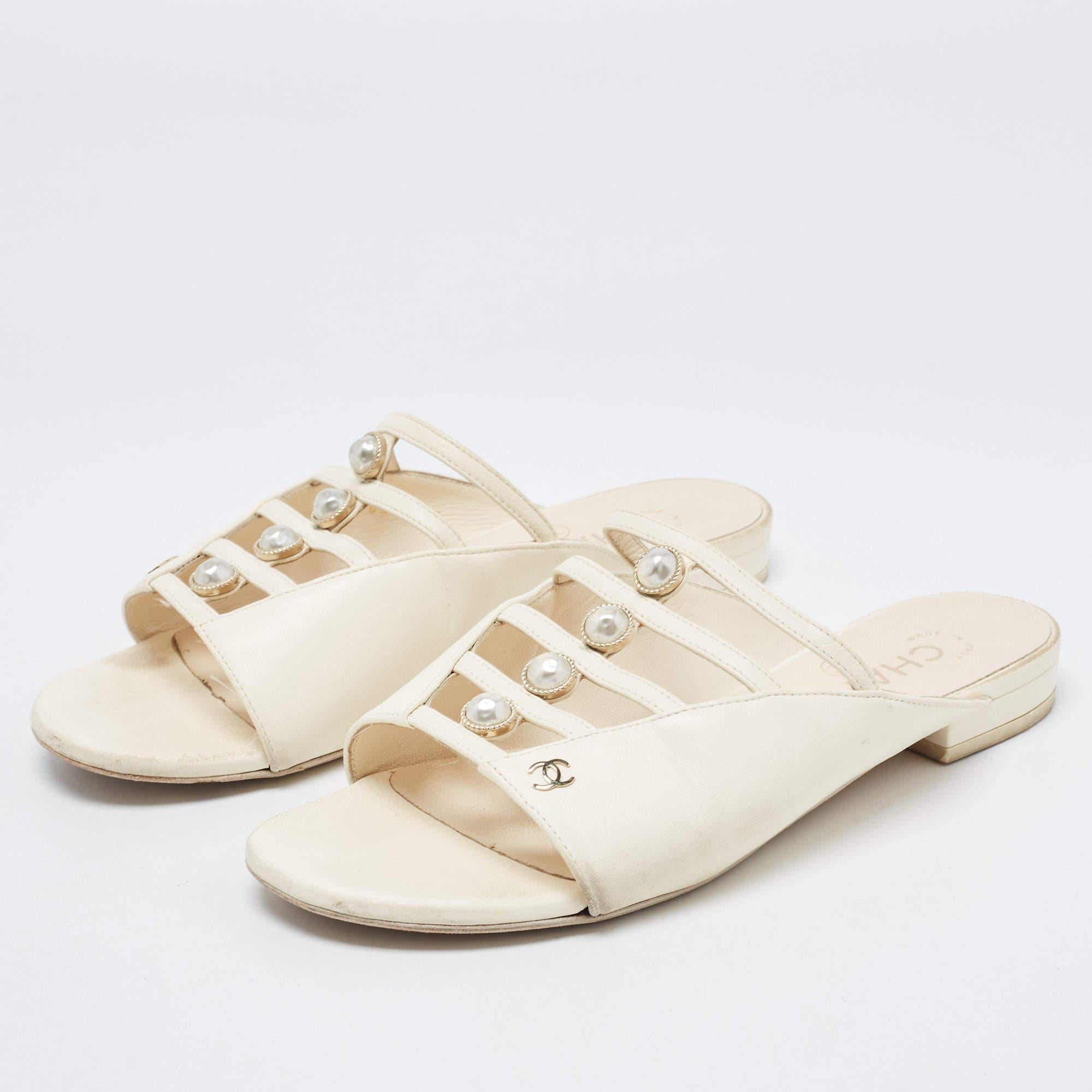 Chanel Cream Leather CC Faux Pearl Strappy Flat Slides Size 36.5 For ...