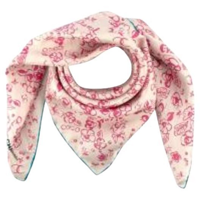 Chanel Cream and Pink CC Floral Scarf For Sale at 1stDibs