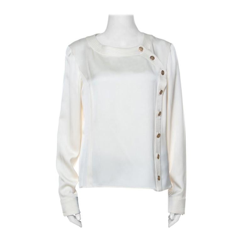 Chanel Cream Silk Gold Button Detail Blouse L For Sale at 1stDibs