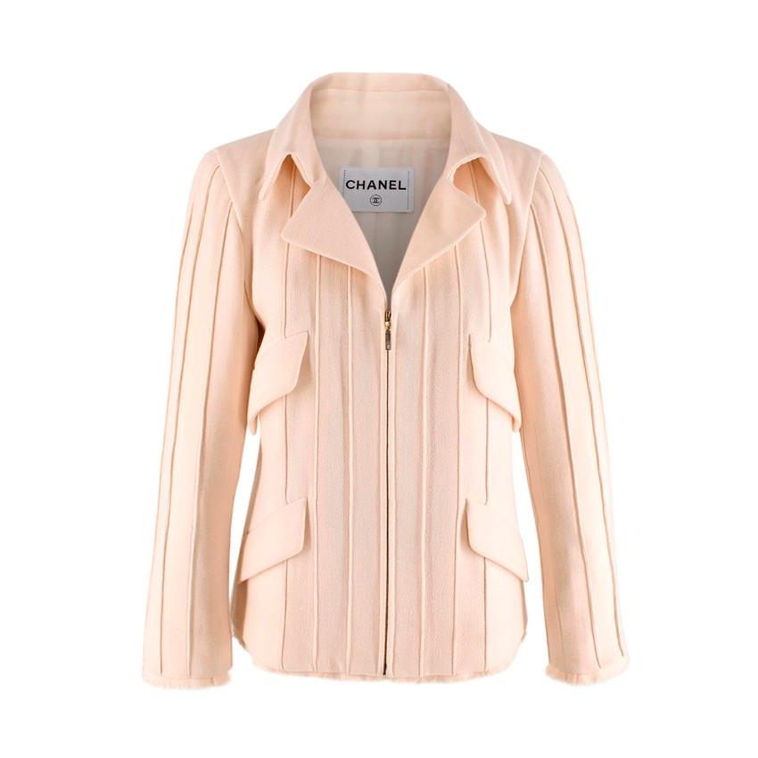 Chanel Cream Wool Knit Crepe Zip Pintuck Jacket For Sale at 1stDibs