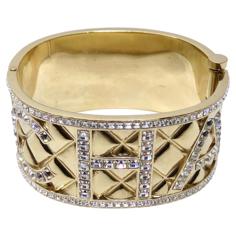 Chanel Crystal Gold Logo Cuff Bracelet For Sale at 1stDibs
